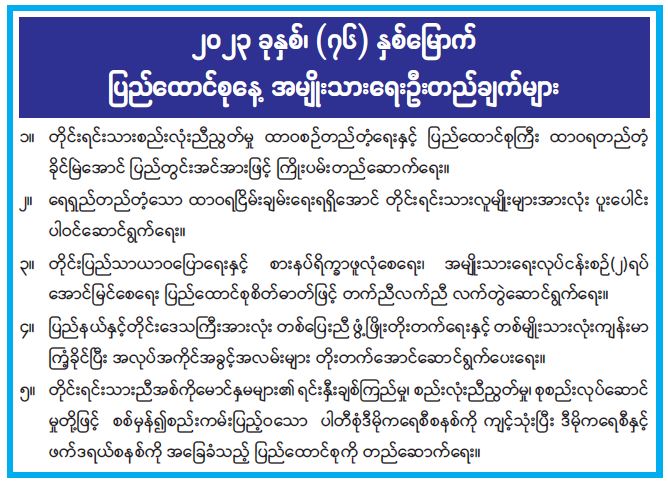 ၂၀၂၃ ခုနှစ်၊ ၇၆ နှစ်မြောက် ပြည်ထောင်စုနေ့ အမျိုးသားရေးဦးတည်ချက်များ